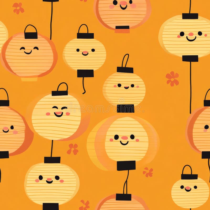 Playful Cartoon Style Lunar New Year Lantern Pattern Cute Smiling Faces ...