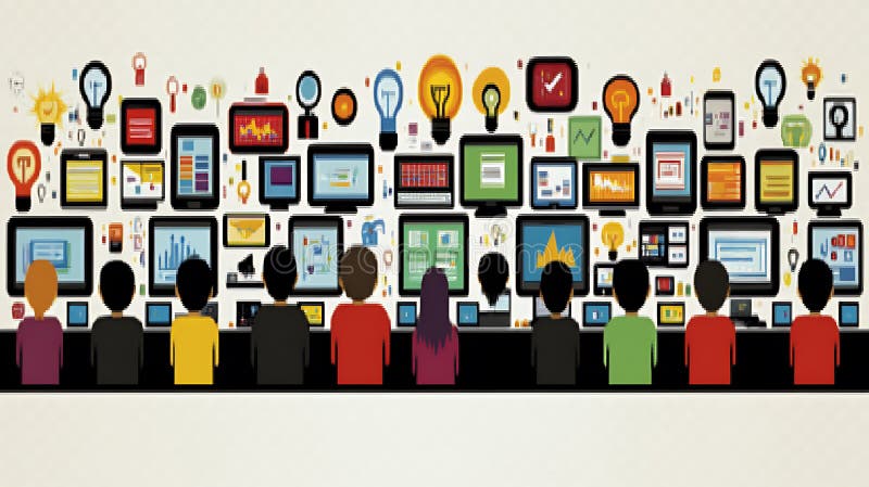 A Playful Cartoon Vector Illustration of Children Using Tablets and ...