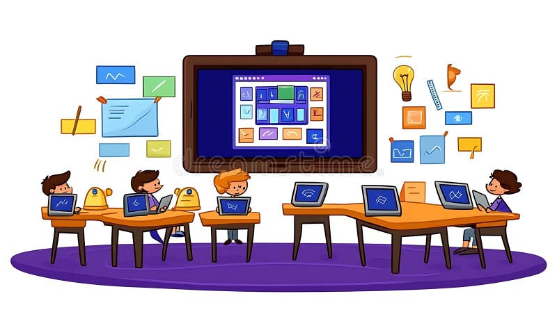 A Playful Cartoon Vector Illustration of Children Using Tablets and ...