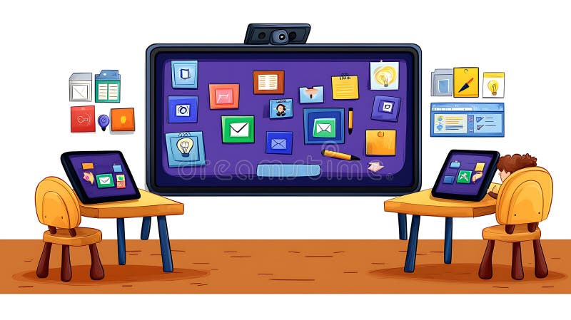 A Playful Cartoon Vector Illustration of Children Using Tablets and ...