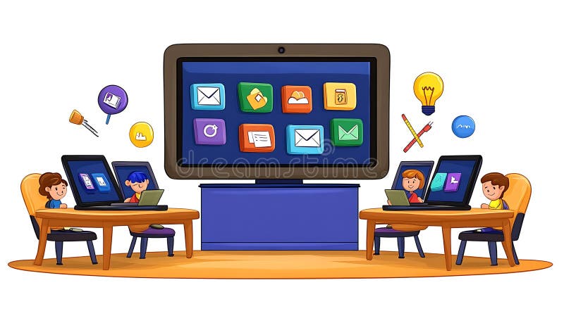 A Playful Cartoon Vector Illustration of Children Using Tablets and ...