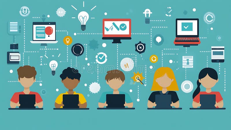 A Playful Cartoon Vector Illustration of Children Using Tablets and ...