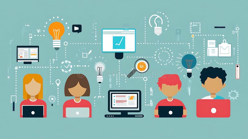 A Playful Cartoon Vector Illustration of Children Using Tablets and ...