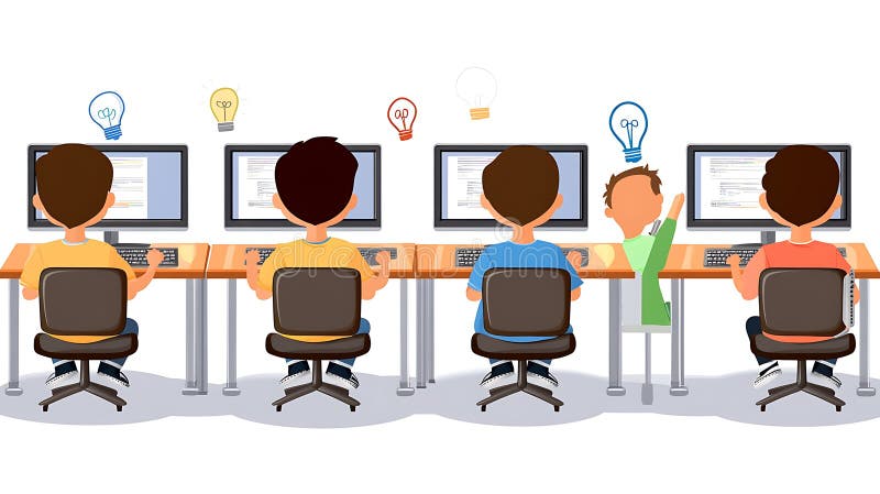 A Playful Cartoon Vector Illustration of Children Using Tablets and ...