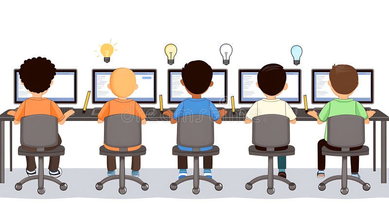 A Playful Cartoon Vector Illustration of Children Using Tablets and ...