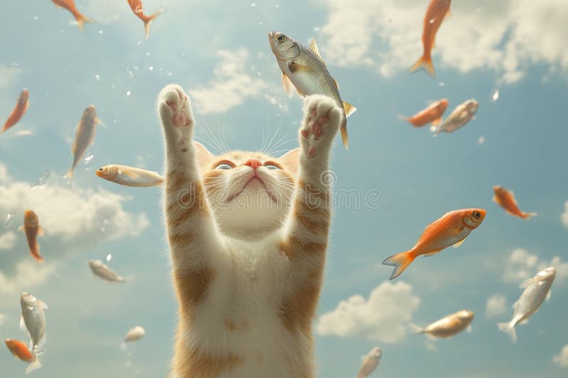Playful Cat Attempting To Grab Floating Fish in a Dreamy Sky Setting ...
