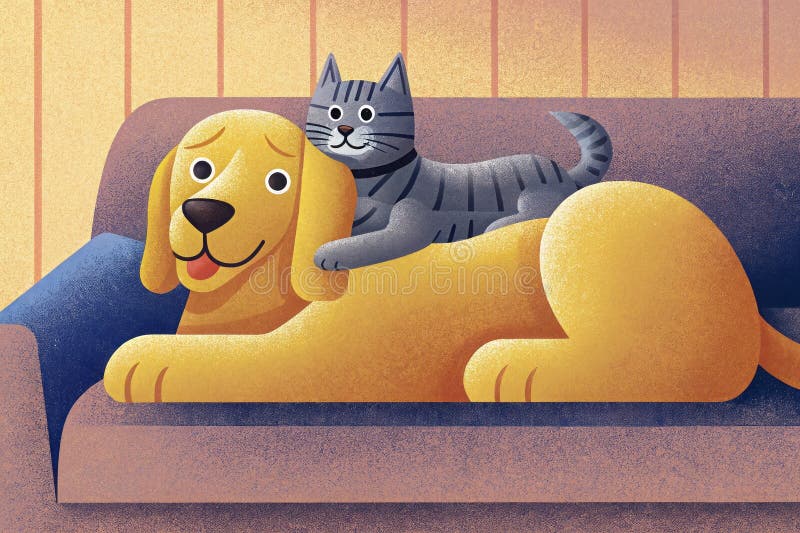 Playful Cat and Dog Relaxing Together on a Cozy Couch Stock ...