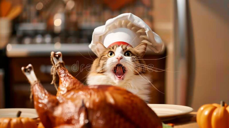 Playful Cat Dressed As Chef Surprised by Thanksgiving Turkey in Kitchen ...