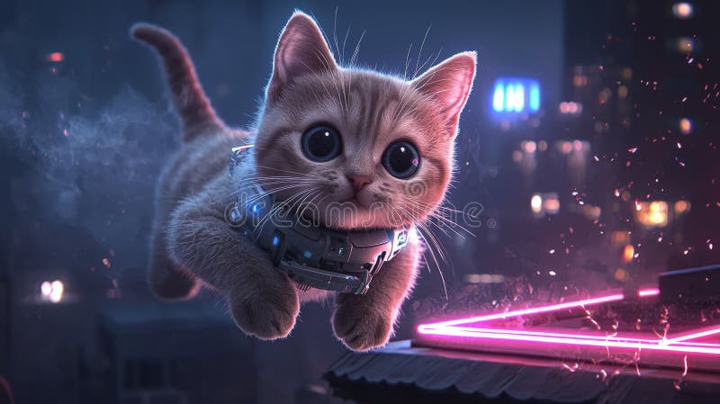 A Playful Cat Exploring a Vibrant, Futuristic City with Glowing Lights ...
