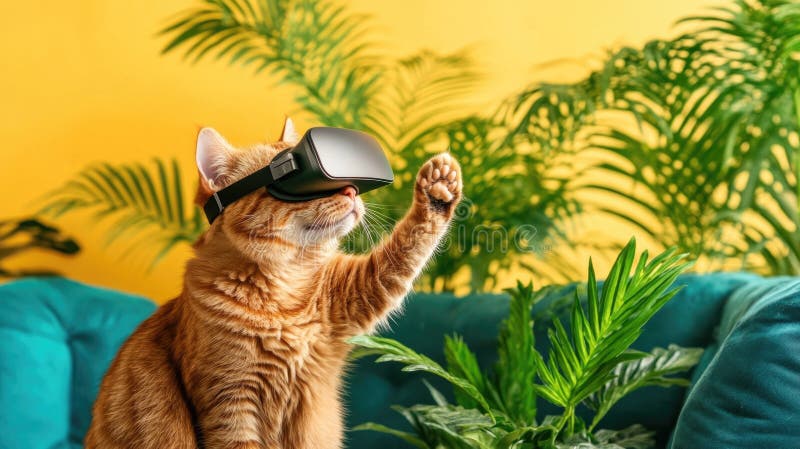 Playful Cat Exploring Virtual Reality with Headset among Lush Greenery ...