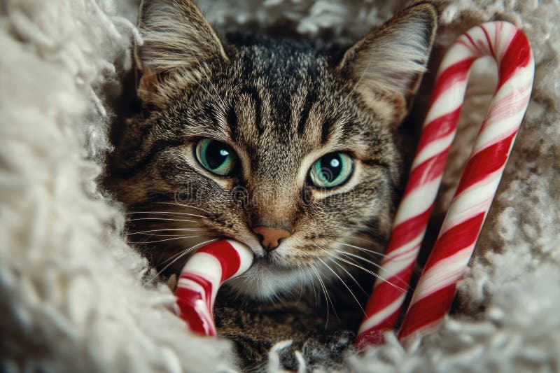 A Playful Cat Holds a Candy Cane in Its Mouth Stock Image - Image of ...