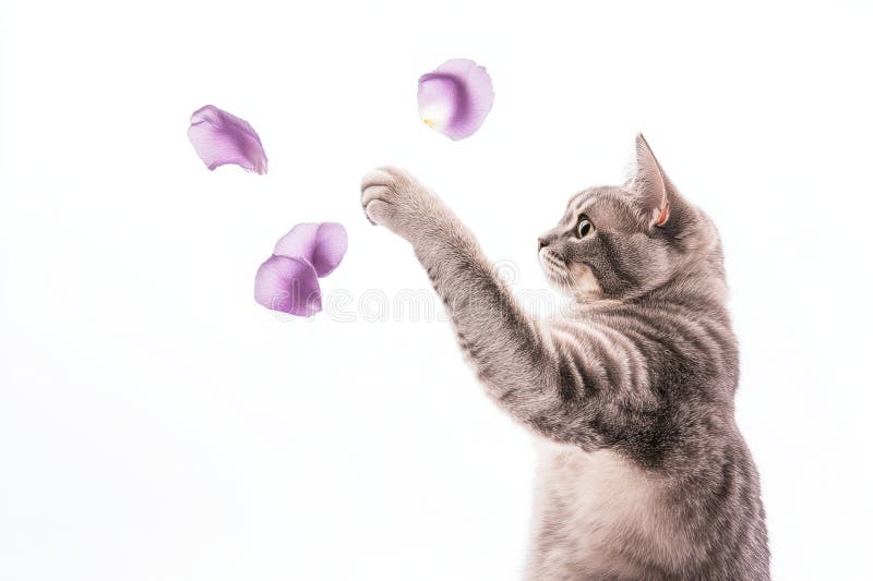 Playful Cat Interacting with Floating Purple Petals on White Background ...
