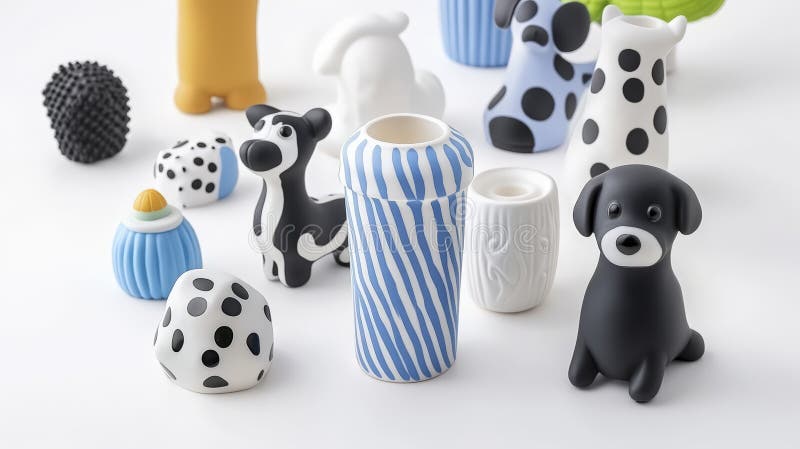 Playful Ceramic Dog Figurines and Vases on White Background Stock ...