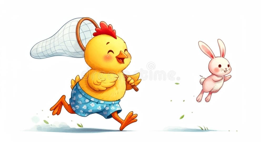 Playful Chicken Chasing a Bunny with a Net in a Whimsical Setting Stock ...