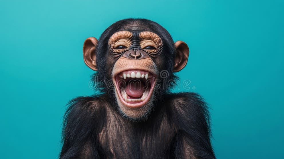 Playful Chimpanzee with Open Mouth Laughing Against Teal Background ...