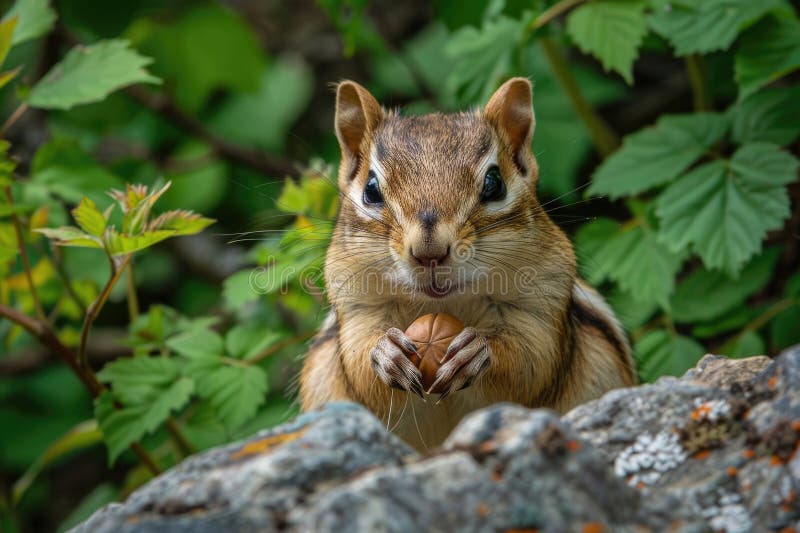 A Playful Chipmunk Holding a Nut Looks at the Camera Stock Image ...