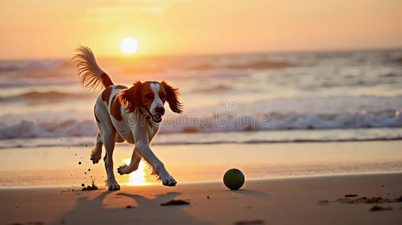 Playful Cocker Spaniel Chasing Ball on Beach at Sunset Stock ...