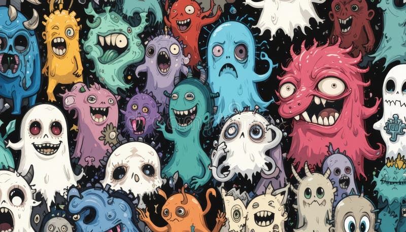 A Playful Collage of Colorful Cartoon Monsters and Ghosts in a Fun and ...