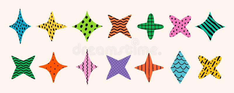 Playful Collection of Colorful Abstract Stars with Hand Drawn Textures ...