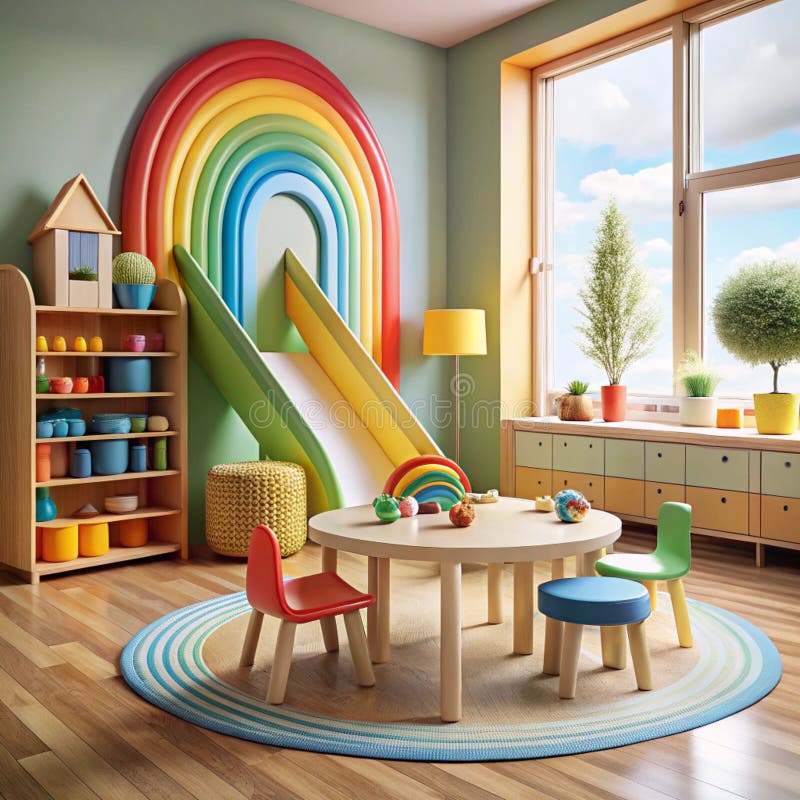 Playful, Colorful Preschool Room with Rainbow Feature Wall Stock Image ...