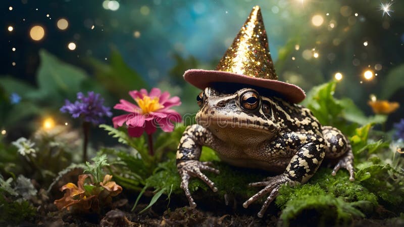 Playful Common Toad in a Wizard Hat Surrounded by Magical Sparkles and ...