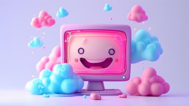 Playful Computer Screen Surrounded by Pastel Clouds, 3D Illustration ...