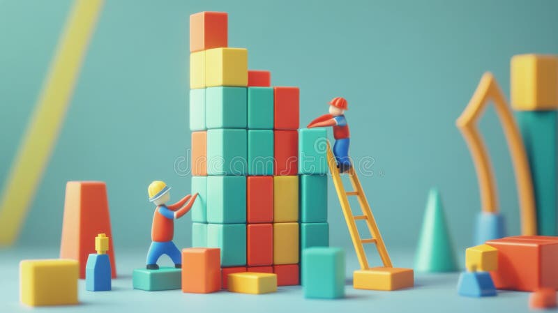 Playful Construction Workers Build Colorful Structures with Blocks in a ...