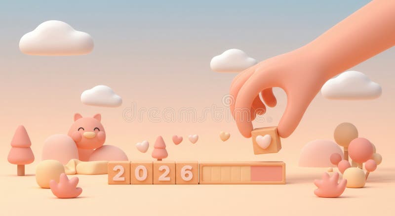 Playful Countdown To 2026 with Cute Pastel Landscape and Heart Blocks ...