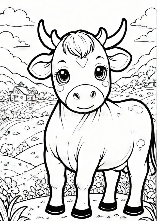Playful Cow in Field: AI Generated Coloring Page for Kids Stock ...