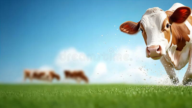 Playful Cow on Sunny Pasture with Blue Sky Background Stock ...
