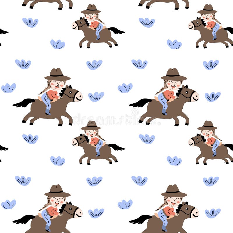 Playful Cowboy Themed Pattern with Kids on Horses for Child Decor and ...