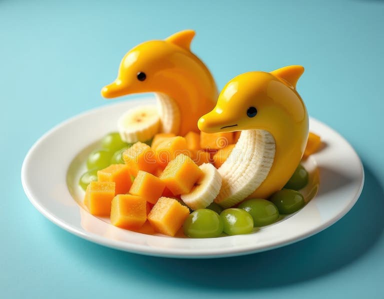 A Playful and Creative Fruit Plate Featuring Two Yellow Dolphin-shaped ...