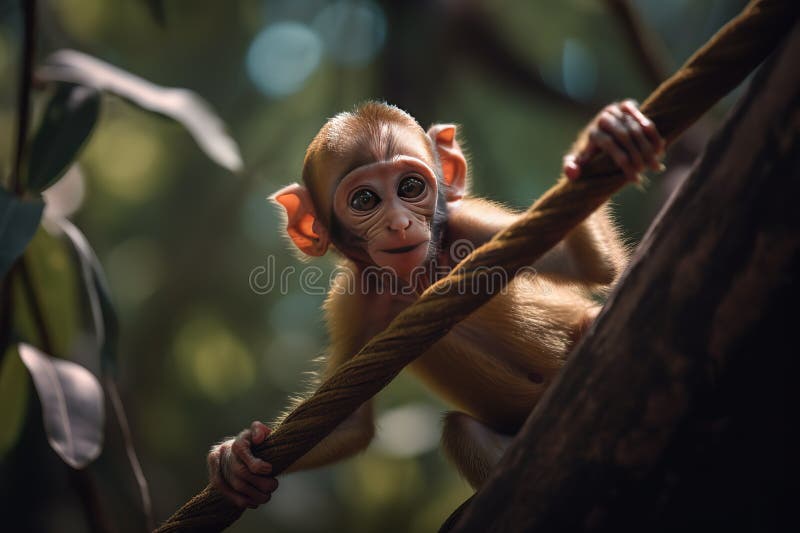 A Playful and Curious Baby Monkey Swinging through the Trees ...