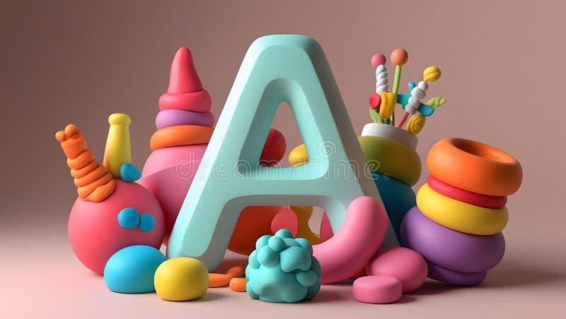 Playful 3D Letter a with Vibrant Objects in CGI Clay Texture Stock ...