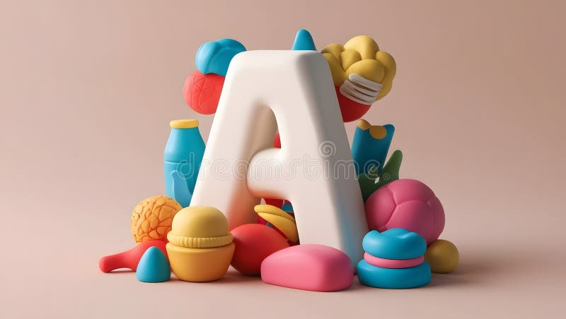 Playful 3D Letter a with Vibrant Objects in CGI Clay Texture Stock ...