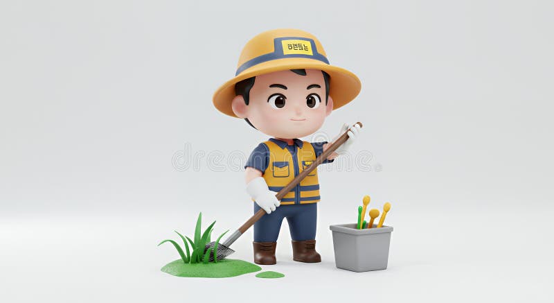 Playful 3D Render of a Chibi Korean Groundskeeper with Gardening Tools ...