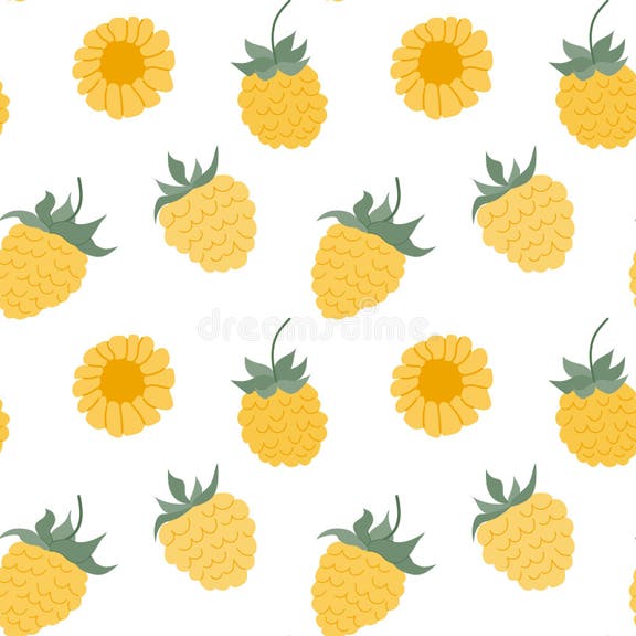 Yellow Raspberry and Flower Pattern on White Background Creating a ...