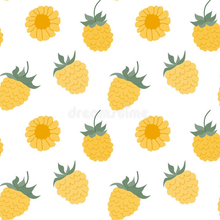Yellow Raspberry and Flower Pattern on White Background Creating a ...