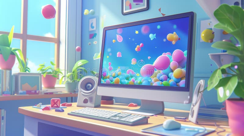 Playful Desktop Setup with Floating 3D Bubbles on Screen Stock Image ...