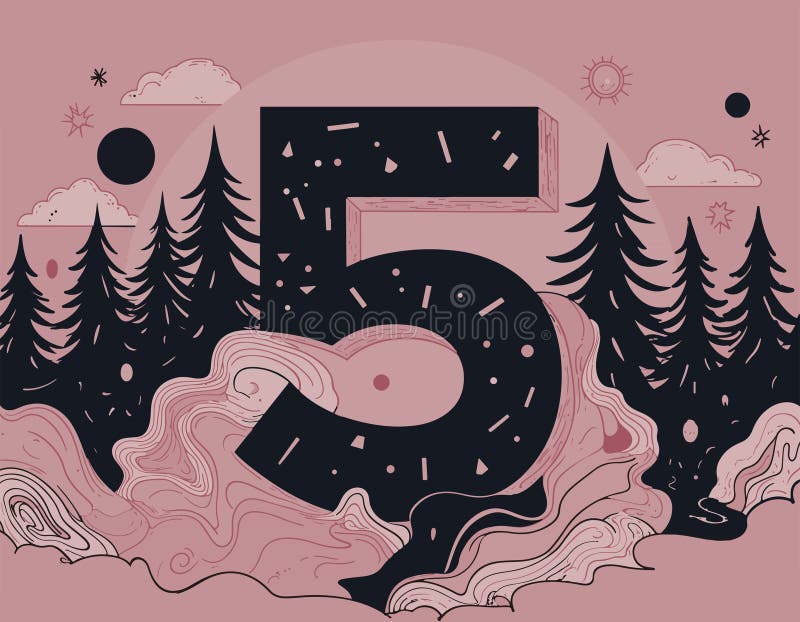 Abstract "number 5" Whimsical Illustration Against a Dense Forest ...