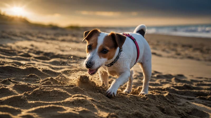 A Playful Dog Digging in the Sand on a Beach during Sunset Stock ...