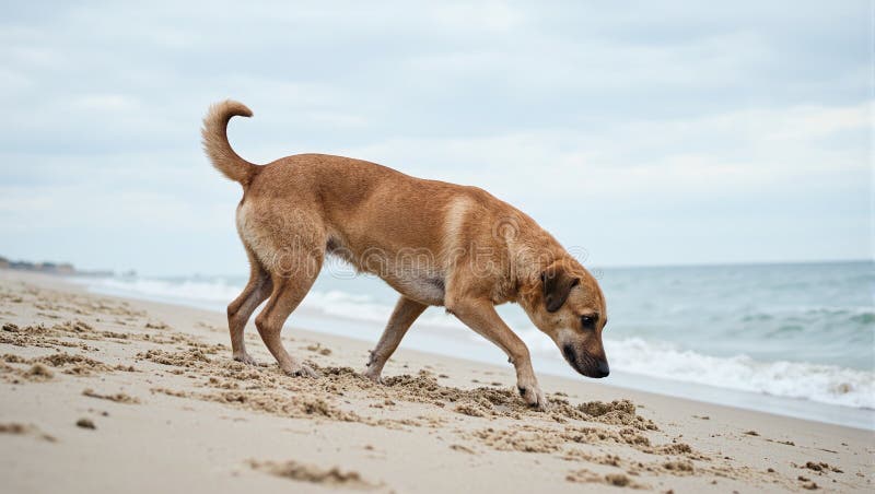 Playful Dog Digging in the Sandy Beach Stock Illustration ...