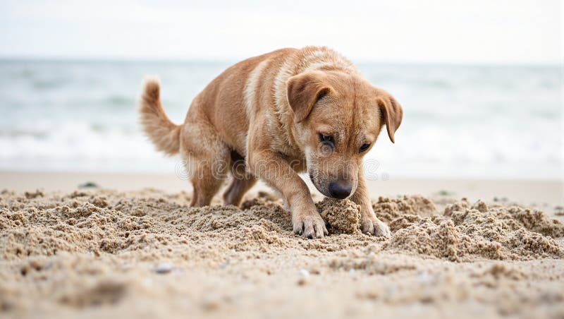 Playful Dog Digging in the Sandy Beach Stock Illustration ...