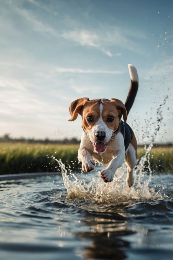 Happy Beagle Dog Jumping into Water, Splashing Fun Stock Illustration ...