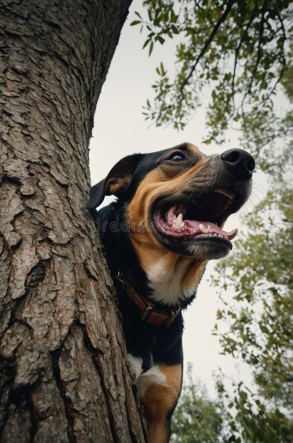 Happy Dog Climbing Tree, Playful Canine Outdoors Stock Illustration ...