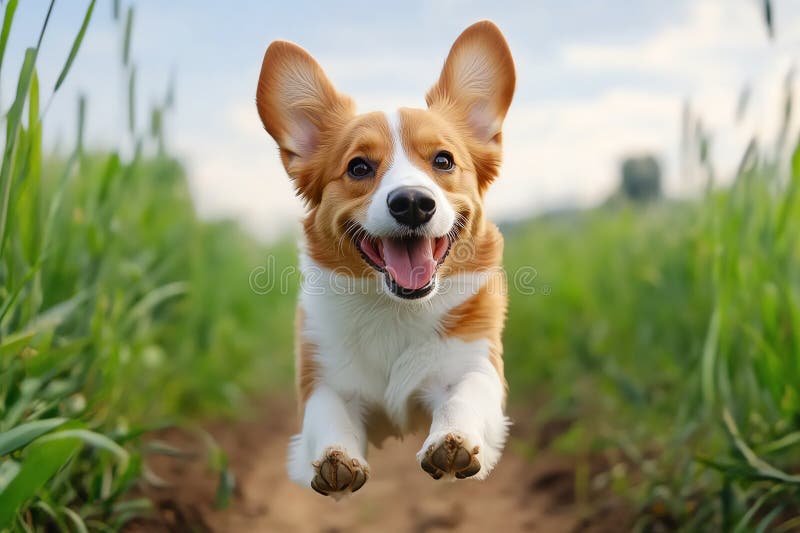 A Playful Dog Running through a Field of Tall Grass, Ears Flapping in ...