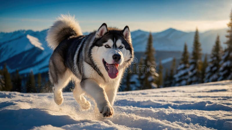 A Playful Dog Running through Snow-covered Mountains Under a Bright Sky ...