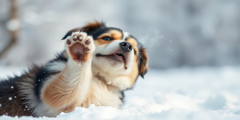 Playful Dog in the Snow with Paw Up Stock Illustration - Illustration ...