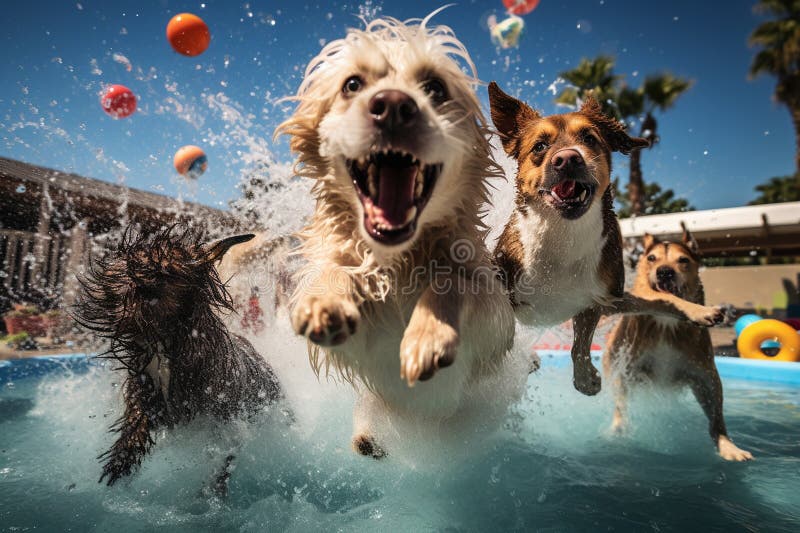 Playful Dogs Making a Splash in the Pool. Generative by Ai Stock ...
