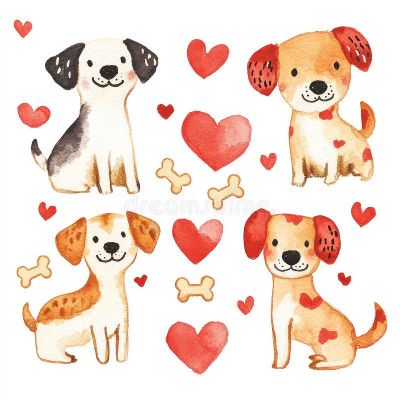 Playful Dogs Surrounded by Heart Shapes and Bones Create Joyful Scene ...
